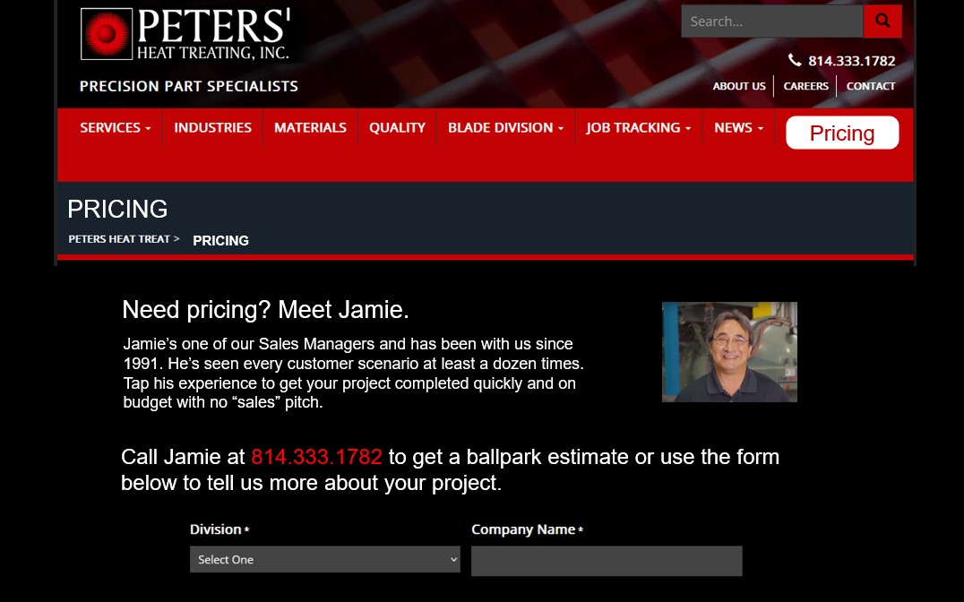 Pricing Page Example - Peters' Heat Treating (Industrial Services) - Capturing Sales-Ready Leads ...